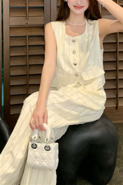 핑크프릴 Set 살구 스트라이프 조끼 하이웨스트 와이드팬츠 투피스세트