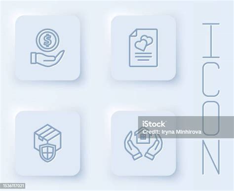방패 결혼 계약 배달 보안 및 집을 손에 들고 라인 돈을 설정하십시오 흰색 사각형 버튼입니다 벡터 금고 보안 장비에 대한 스톡 벡터 아트 및 기타 이미지 Istock