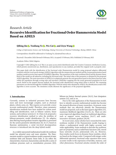Pdf Recursive Identification For Fractional Order Hammerstein Model Based On Adels