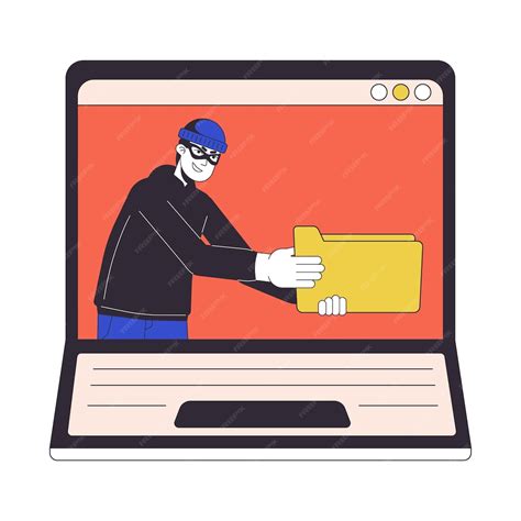 Premium Vector Cyber Thief Holding Folder Laptop Screen Flat Line Concept Vector Spot
