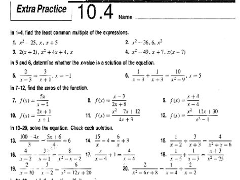 Extra Practice 104 Solving Rational Equations Worksheet For 8th