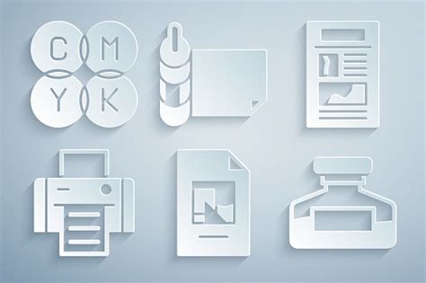 파일 문서 뉴스 프린터 잉크병 롤 용지 및 Cmyk 색상 혼합 아이콘을 설정합니다 벡터 3차원 형태에 대한 스톡 벡터 아트 및 기타 이미지 Istock