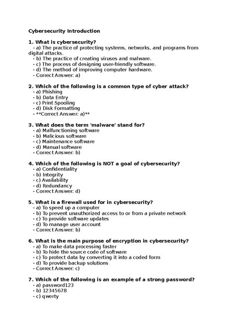 Cybersecurity Introduction Quiz Cybersecurity Introduction What Is Cybersecurity A The