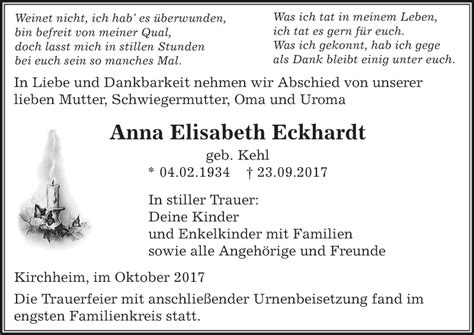 Traueranzeigen Von Anna Elisabeth Eckhardt Trauer Hna De