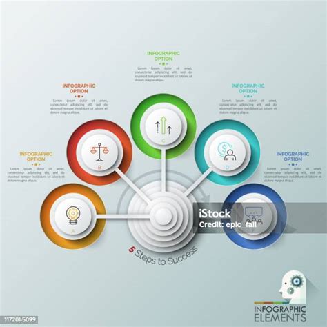五個圓形元素以半圓形排列並與中心細線圖示和文字方塊連接利潤增長的5個步驟的概念向量圖形及更多5號圖片 5號 信息圖形 半圓形 Istock