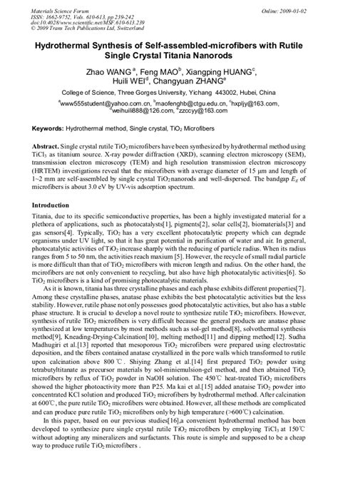 Hydrothermal Synthesis Of Self Assembled Microfibers With Rutile Single Crystal Titania Nanorods