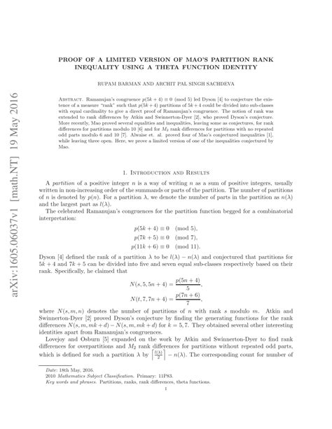 Pdf Proof Of A Limited Version Of Maos Partition Rank Inequality Using A Theta Function Identity