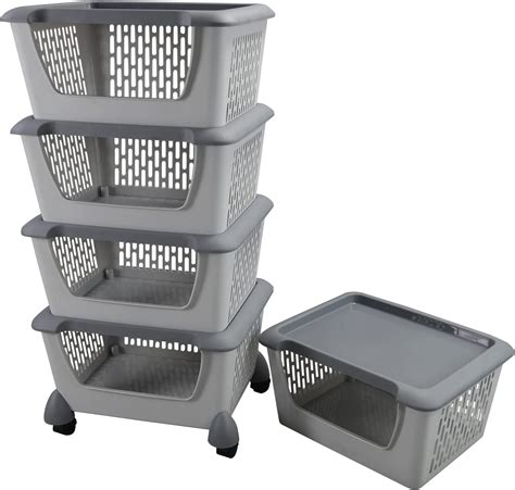 Grey Plastic Stacking Baskets Large Stackable Storage Bins Packs Walmart Com