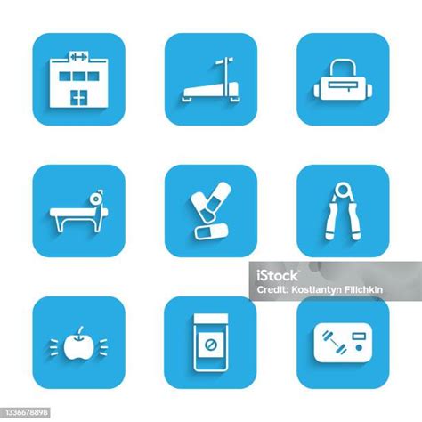 세트 비타민 알 약 단백 동화 약물 피트니스 클럽 체육관 카드 스포츠 익스팬더 애플 바벨벤치 가방 및 체육관 건물 아이콘 벡터 건강 진단에 대한 스톡 벡터 아트 및 기타