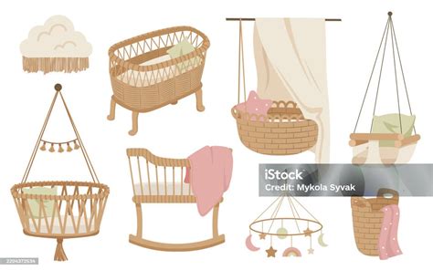 고리 버들 세공 아기 요람 걸이 바구니 신생아를 위한 그네 가구 및 침실 보호 장식 세트 0명에 대한 스톡 벡터 아트 및 기타 이미지 Istock