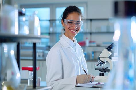 Smiling Female Scientist Noting Results Of Experiment In A Lab Portrait
