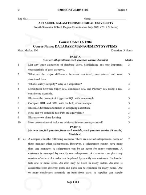 Fourth Semester B Tech Degree Examination July 2021 2019 Scheme Pdf Databases Data Model