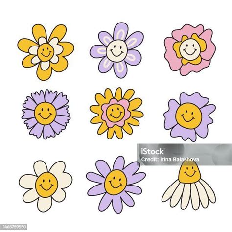 복고풍 그루비 히피 꽃 세트 히피 스타일의 다른 꽃의 컬렉션입니다 그루브 음악에 대한 스톡 벡터 아트 및 기타 이미지 그루브 음악 태양 하늘 1960 1969 년