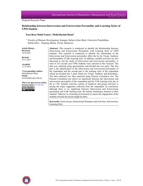 Pdf Relationship Between Introversion And Extroversion Personality