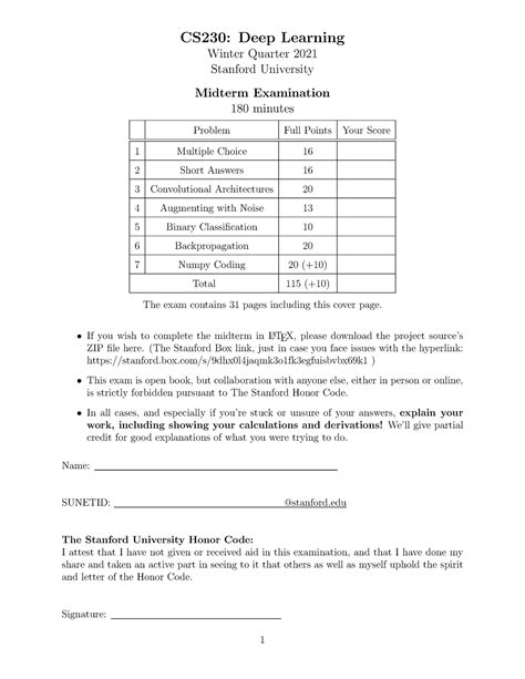 Cs230exam Win21 Soln Exercise CS230 Deep Learning Winter Quarter