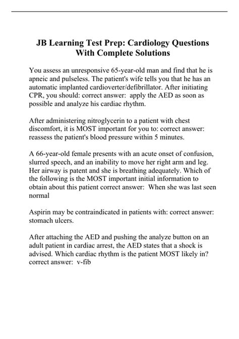 JB Learning Test Prep Cardiology Questions With Complete Solutions JB Learning Stuvia US