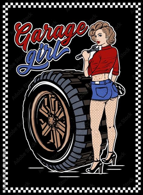 Pin Up Girl Illustration With Wheel Garage Girl Stock Vector Adobe Stock