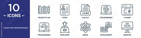 computer programming outline icon set includes thin line project plan