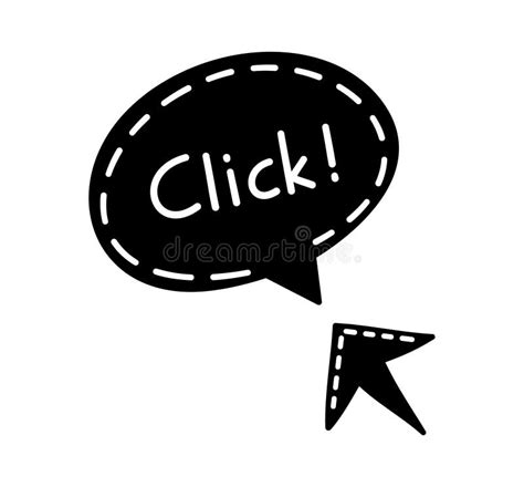 Doodle Click Button Mouse Cursor With Text For Website Or Computer Application Hand Drawn