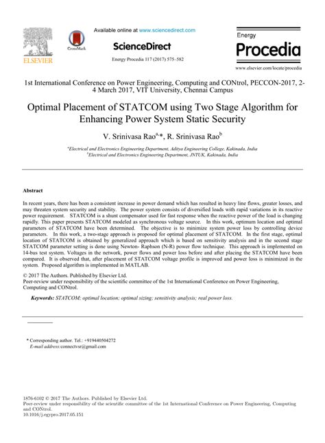 Pdf Optimal Placement Of Statcom Using Two Stage Algorithm For Enhancing Power System Static