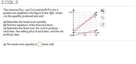 Solved The Revenue Rx Cost Cx And Profit Px For A Product Are Graphed In The Figure To