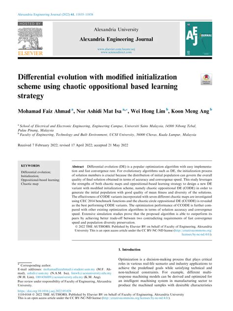 Pdf Differential Evolution With Modified Initialization Scheme Using Chaotic Oppositional