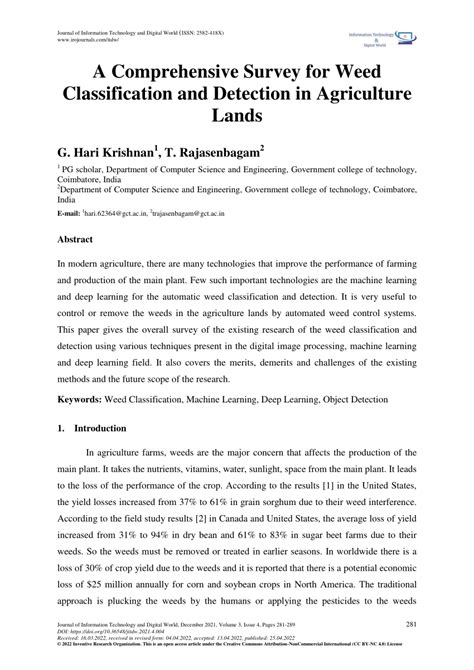 PDF A Comprehensive Survey For Weed Classification And Detection In Agriculture Lands