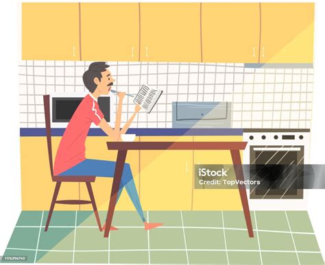 부엌에서 아침 식사를 하는 젊은 남자 일상 생활에서 남자 매일 루틴 벡터 일러스트 남자에 대한 스톡 벡터 아트 및 기타 이미지 남자 낮 먹기 Istock