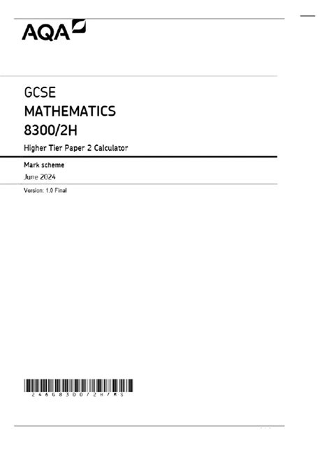 Gcse Aqa June 2024 Higher Mathematics Paper 2 Calculator Mark Scheme Maths Stuvia Uk
