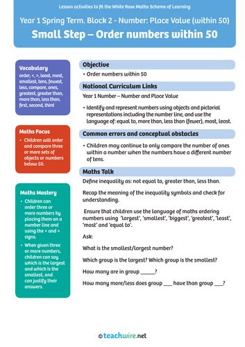Order Numbers Within 50 Activities Y1 Spring Term Block 2 Number Place Value Within 50