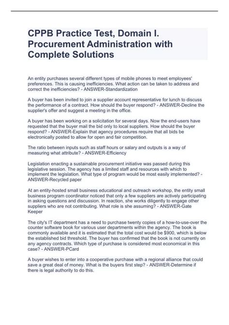CPPB Practice Test Domain I Procurement Administration With Complete Solutions CPPB Stuvia US
