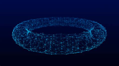 파란색 배경에 추상적인 동적 와이어프레임 토러스 과학적 데이터의 흐름 미래 지향적 인 디지털 기술 3d 렌더링 노두에 대한 스톡 사진 및 기타 이미지 Istock