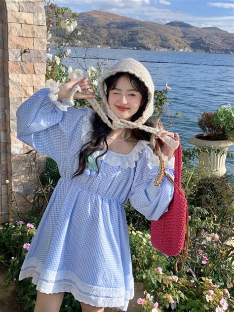 프렌치 스퀘어넥 깅엄체크 펀칭 레이스 프릴카라 밴딩 퍼프 러플 소라색 미니원피스 핑크 에이블리