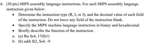 Solved 4 30 Pts MIPS Assembly Language Instructions For Chegg Com