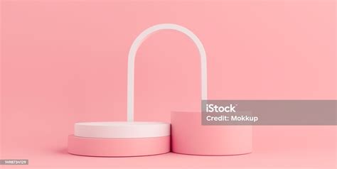 제품 연단 핑크 화이트 포디움 흰색 아치가 있는 핑크 배경3d 일러스트레이션 0명에 대한 스톡 사진 및 기타 이미지 0명