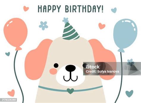 파티 모자를 쓴 웃는 개 Doodle 벡터 일러스트 레이 션 파스텔 색상 팔레트 개에 대한 스톡 벡터 아트 및 기타 이미지