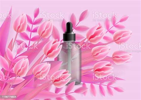 명확한 검은 색 드롭퍼 병 모형과 핑크 꽃 현실적인 스타일 템플릿 가리기에 대한 스톡 벡터 아트 및 기타 이미지 가리기