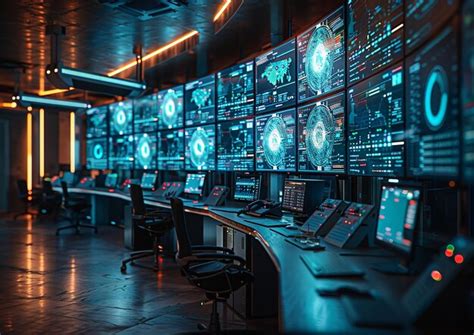 Premium Photo Cybersecurity Command Center Monitors Displayed