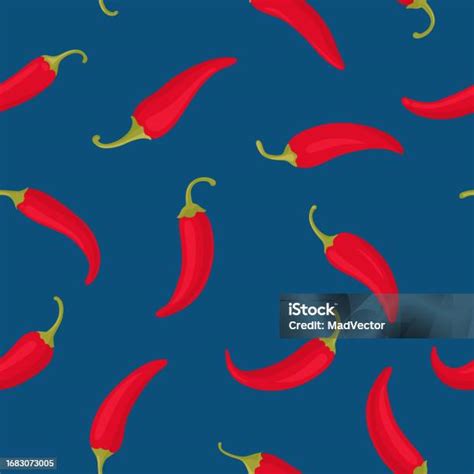 파란색 배경에 레드 핫 칠리 페퍼가 있는 벡터 원활한 패턴 매운 칠리 핫 또는 피망 섬유 의류 벽지 인쇄를 위한 디자인 템플릿 고춧가루에 대한 스톡 벡터 아트 및 기타
