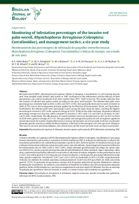 Pdf Monitoring Of Infestation Percentages Of The Invasive Red Palm Weevil Rhynchophorus