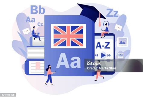 온라인 언어 과정 또는 학교 거리 교육 스마트 폰 노트북 책으로 영어를 배우는 작은 사람들 현대 플랫 만화 스타일 흰색 배경의