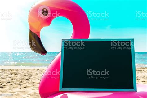 안녕하세요 여름 화창한 날에 는 바다 해변 배경에 텍스트를위한 검은 책상과 분홍색 팽창식 플라밍고 트렌디 한 여름 컨셉 공간을 복사합니다 0명에 대한 스톡 사진 및 기타