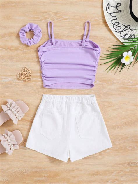 Shein Tween Girls Spring Summer Boho Ruched Cami Top And Scrunchie And