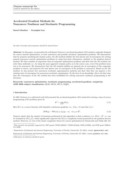 Pdf Accelerated Gradient Methods For Nonconvex Nonlinear And Stochastic Programming