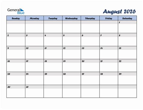 August 2026 Monthly Calendar