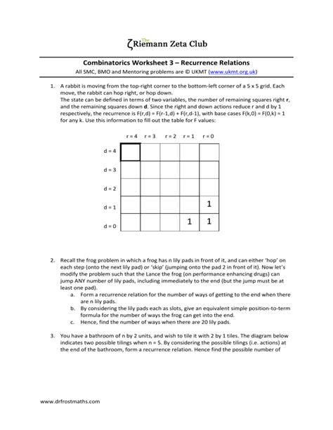 Combinatorics Worksheet Recurrence Relations