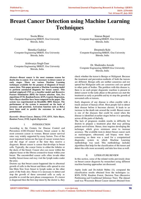 Breast Cancer Detection Using Machine Learning Techniques Ijertv IS Breast Cancer