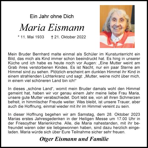 Traueranzeigen Von Maria Eismann Nordwest Trauerde