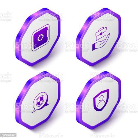 아이소메트릭 금고 서류 가방을 들고 있는 손 방패 및 생명 보험을 방패 아이콘으로 설정합니다 보라색 육각형 버튼 벡터 3차원 형태에 대한 스톡 벡터 아트 및 기타 이미지