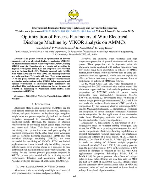 Pdf Optimization Of Process Parameters Of Wire Electrical Discharge Machine By Vikor Analysis